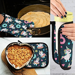 Oven Mitts Pot Holders Set, Donut Unicorn with Rainbow Tail Heat Resistant Waterproof Gloves with Soft Cotton Lining for Kitchen Cooking, Baking, Microwave, BBQ