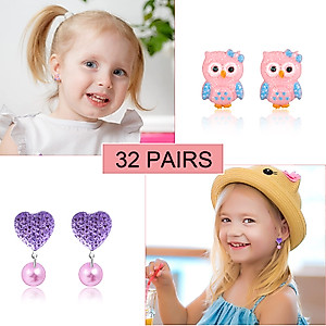 DEVIENG Clip On Earrings, 32 Pairs Hypoallergenic Clips Earrings Sets Suitable for Ages 4-12 Little Girls, Cute Small Clips On Earrings Jewelry Gifts Set