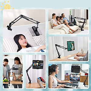 iPad Tablet Holder for Bed - Arm Height Adjustable Tablet Floor Stand Metal 360° Rotating iPad Clamp Mount for iPad Pro, iPad Air, iPad Mini, Kindle Reading and Other 4.7~12.9'' Phones and Tablets