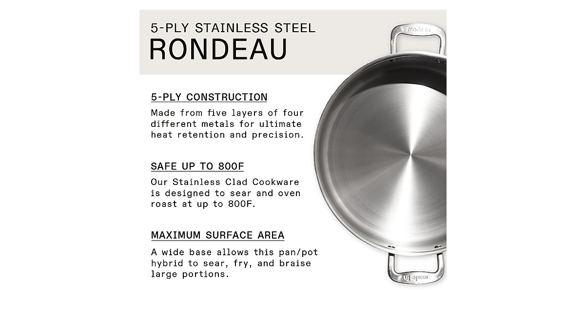Made In 10 Quart Stainless Rondeau Pot for Professional Cooking