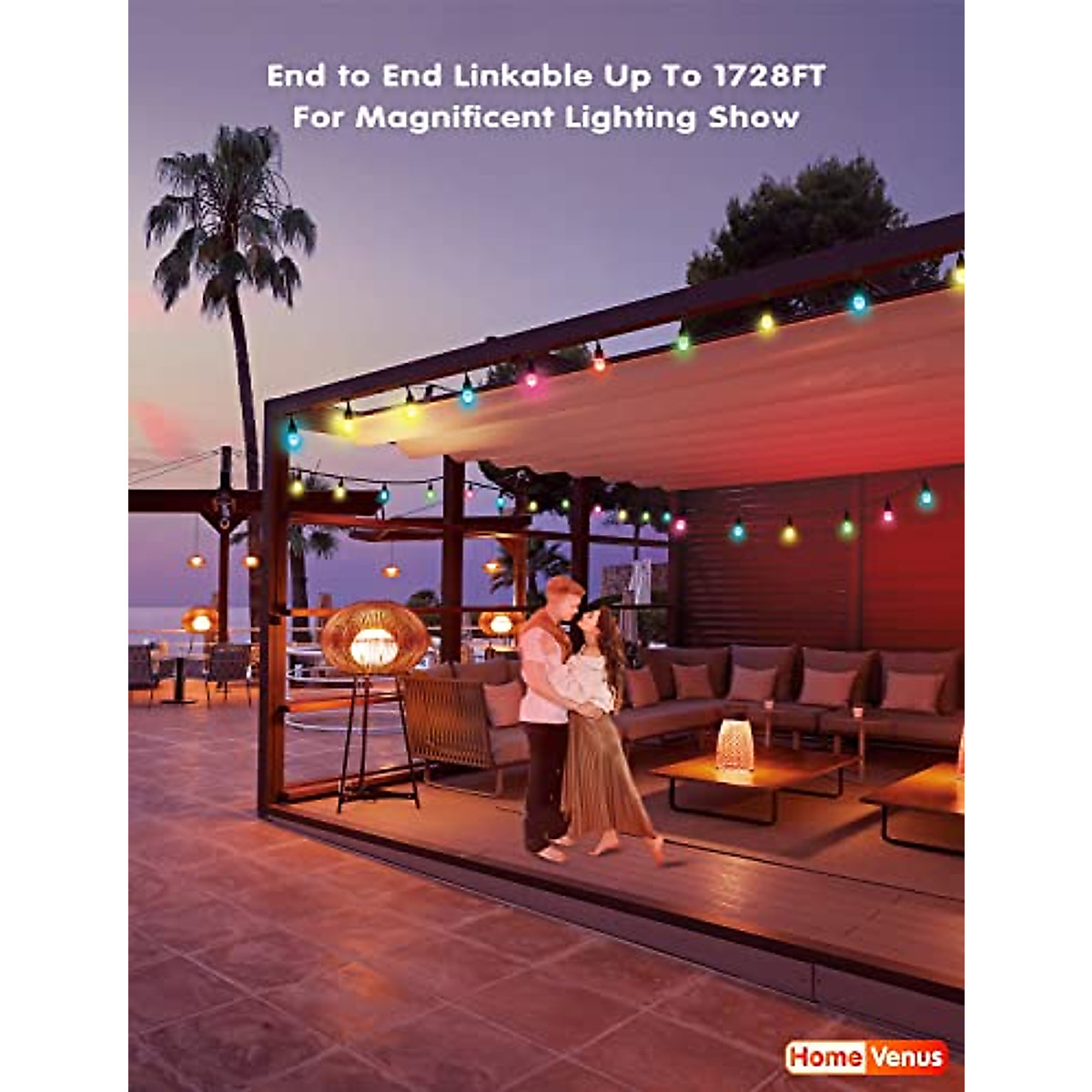 HVS Smart Outdoor String Lights LED 48Ft Color Changing RGBW Patio String Lights Infinite Connectable APP Control 2.4GHz WiFi Waterproof 24 Acrylic Work with Alexa Google for Party Outside Café