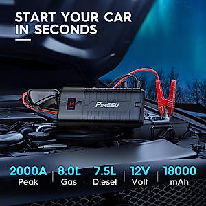 POWESU Jump Starters 2000A 18000mah (Up to 8.0L Gas or 7.5L Diesel Engine) 12V Auto Car Portable Battery Booster Jumper Cable Power Box Pack