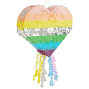Sparkle and Bash Pull String Rainbow Heart Pinata for Pastel Birthday Party Decorations (Small, 15.7 x 13 x 3 In)