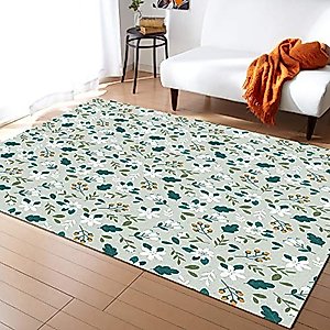 Area Rugs for Living Room, White Flowers Green Background Modern Indoor Anti-Fading Doormat Entryway Mat Door Mat for Hallway, Kitchen, Bedroom, Area Carpet Decor 2'7"x5'