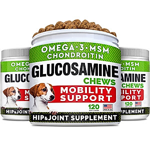 (Pack of 3) Glucosamine Treats for Dogs - Joint Supplement w/Omega-3 Fish Oil - Chondroitin, MSM - Advanced Mobility Chews - Joint Pain Relief - Hip & Joint Care - Chicken Flavor - Made in USA