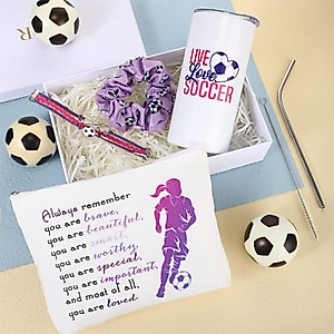 4 Pieces Girls Soccer Gifts Soccer Water Bottle Tumbler 14oz Soccer Zipper Gift Bags Pouch Soccer Bracelet Jewelry Soccer Scrunchies for Girls Graduation Soccer Gift