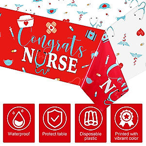 Moukeren 3 Pieces Nurse Graduation Tablecloth Nurse Graduation Party Supplies Nurse Plastic Congrats Table Covers Red White Nurse Graduation Table Cloth for Nurse Graduation Party Decor 54 x 108 Inch