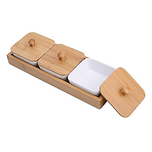Ceramic Snack Serving Tray Compartment Serving Platter with Bamboo Lid and Pallets Removable Container Food Storage for Appetizer Condiments Nuts(3 Grid)