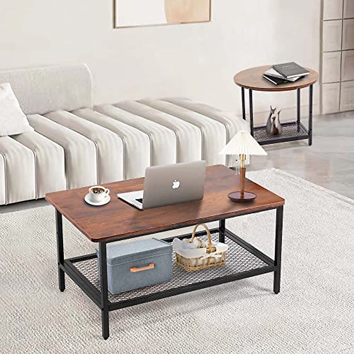 BETTAHOME 2 Piece Industrial Coffee Table Set, Detachable Nesting Rectangular and Round Side Table with Storage Shelf, Ideal for Living Room, Small Spaces Rustic Brown BT003