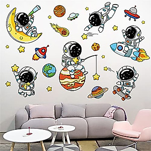 WAFT YEARN Lovely Astronauts and Planet Wall Decals Universe and Stars Wall Sticker Space Art Wall Clings Removable Vinyl Stickers For Nursery Boy's Girl's Bedroom Kid’s Room School Living Room Bedroom TV Sofa Background Decoration Murals