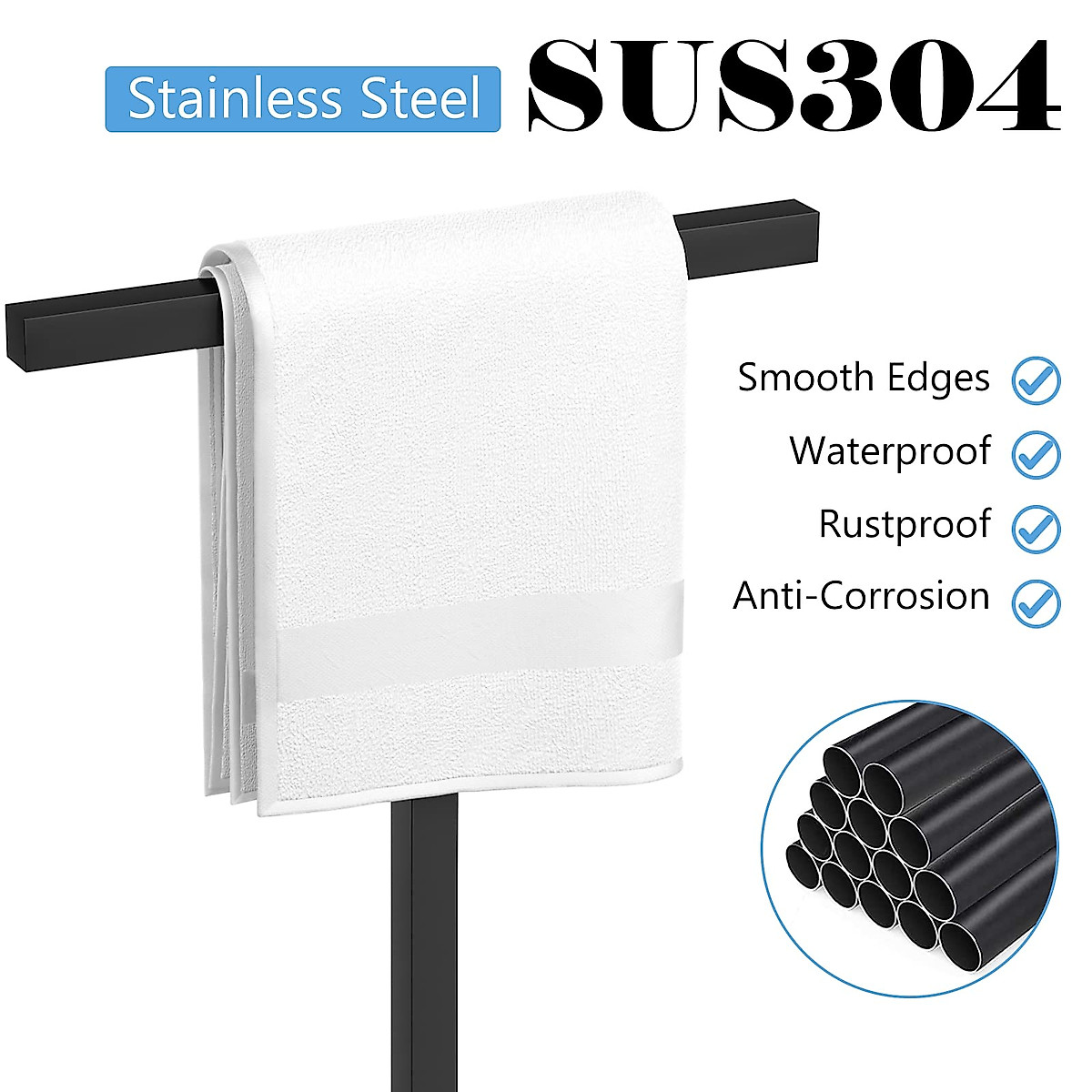 Pynsseu Hand Towel Holder Stand, Matte Black SUS304 Stainless Steel Freestanding T-Shape Towel Bar Rack for Bathroom Kitchen Vanity Countertop