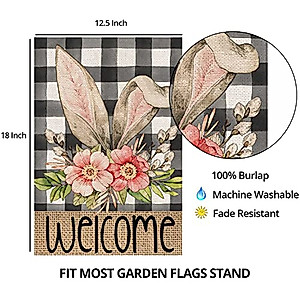Welcome Easter Garden Flag for Outdoor 12x18 Double Sided,Buffalo Plaid Bunny Ears with Flowers Small Yard Flag,Seasonal Decors for Spring Outside Farmhouse Holiday