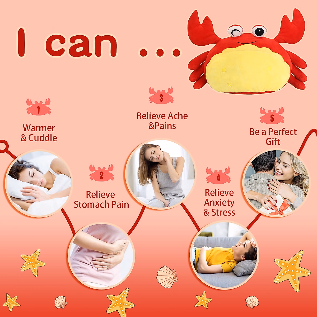 18.5" Crab Microwave Heating Pads, Removable Filling Stuffed Animal Heating Pads.Microwavable Heating Pads with Lavender Scented, Comfort Gifts for Women and Girls