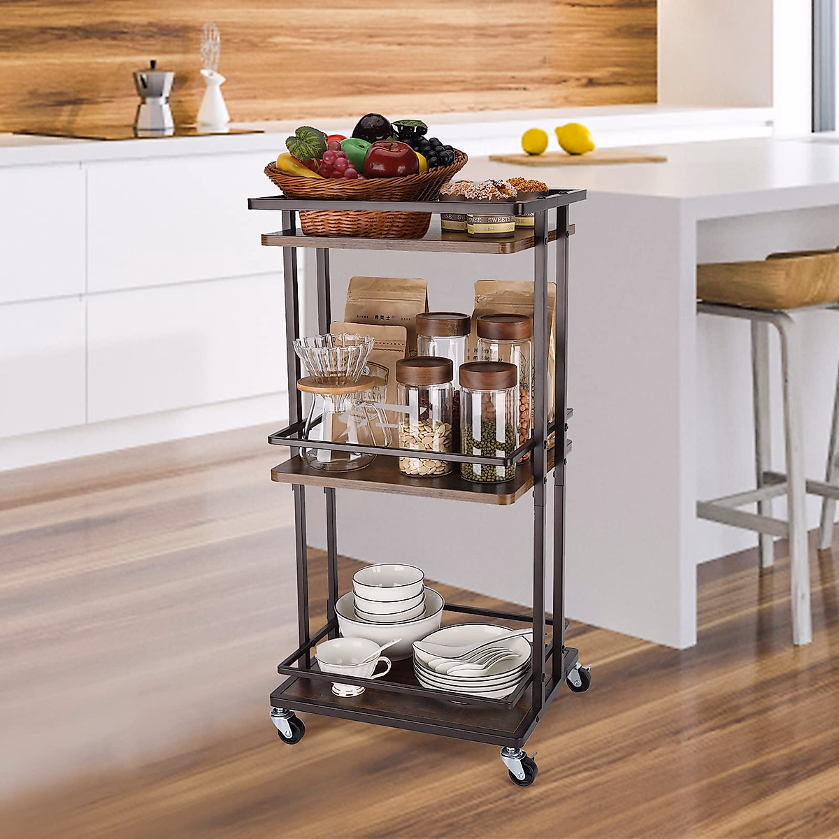 Feemiyo 3-Tier Bar Cart, Serving Bar Cart for Home with Large Storage Space, Made of Wood and Metal with Wheels，Multifunctional cart Suitable for Home Bars, Kitchens, Living Rooms, and bedrooms (Wood)