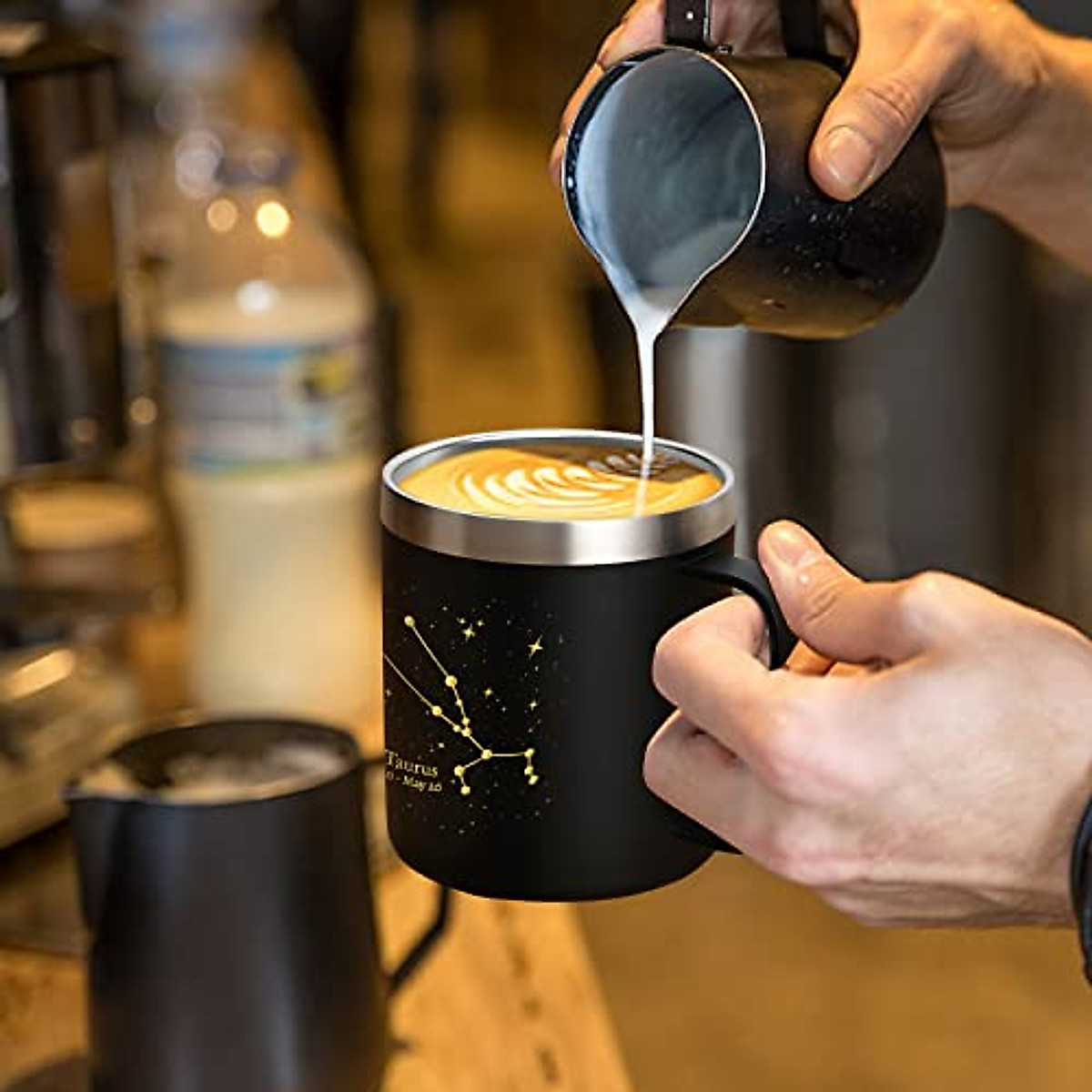 LiqCool Taurus Gifts for Women, Taurus Zodiac Gifts, Taurus Coffee Mug, Astrology Gifts for Men, Constellation Mug, Taurus Birthday Gift for Women, Stainless Steel Cup with Lid Handle (12oz, Black)