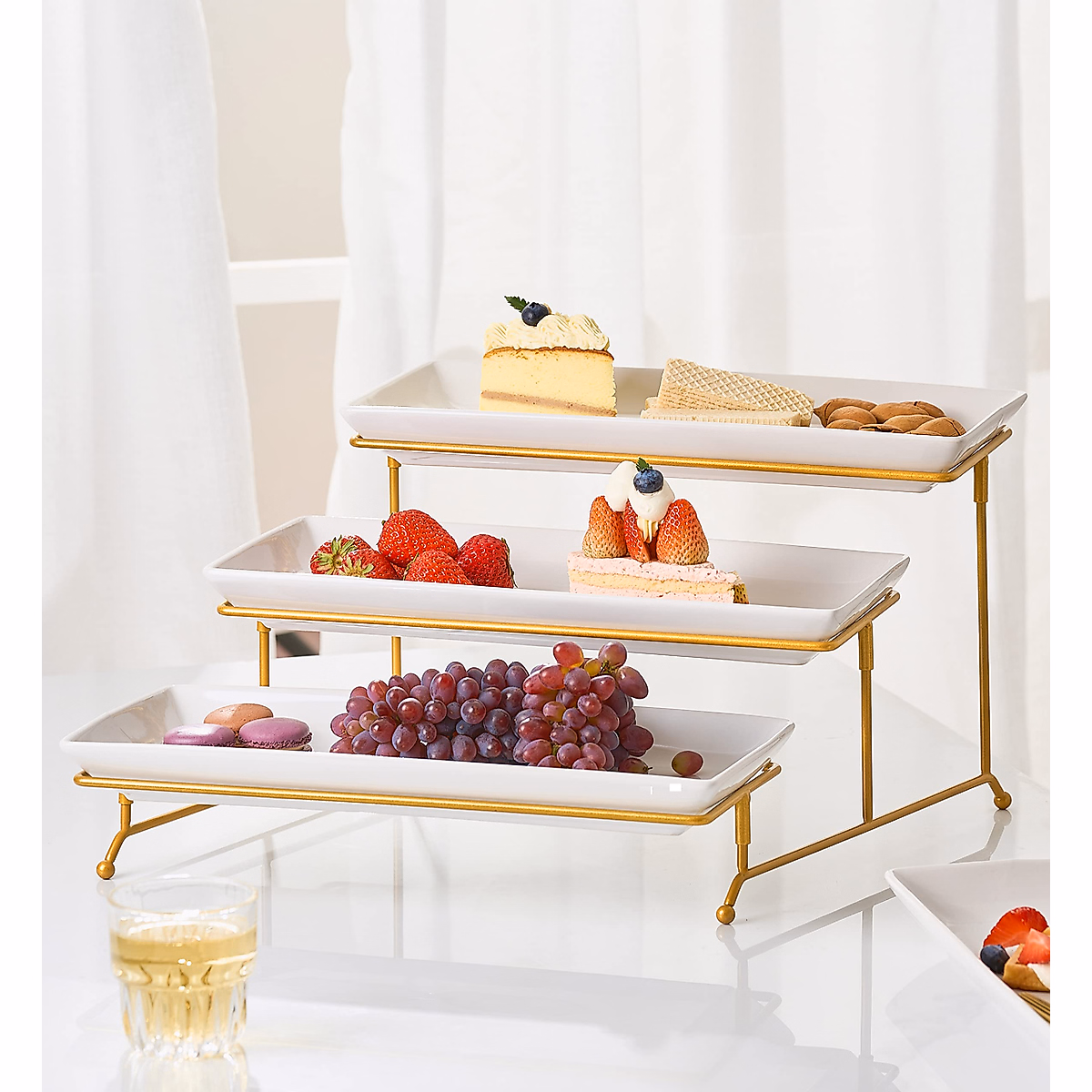 LAUCHUH 3 Tier Serving Stand with Porcelain Bowls, Oval Shape, Ideal for Food Presentation, Dishwasher Safe