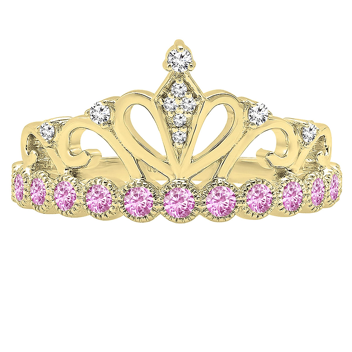 Dazzlingrock Collection Round Pink Sapphire & White Diamond Crown Style Engagement Ring for Women in 10K Yellow Gold, Size 6.5