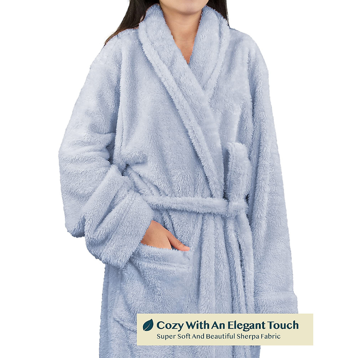 PAVILIA Premium Womens Plush Soft Robe Fluffy, Warm, Fleece Sherpa Shaggy Bathrobe (S/M, Light Blue)
