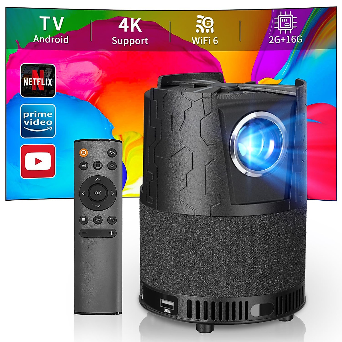 Mini Projector Portable 4K with Bluetooth Speaker, WiFi Projector for iPhone iPad Wireless Screen Casting, Home Theater Portable Projector for Camping Gaming Movie Compatible with Smartphone Laptop DV