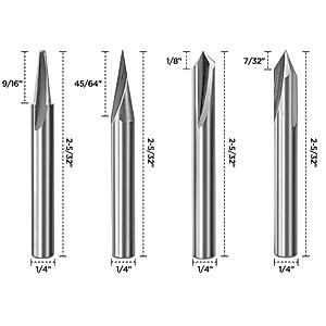 MNA Engraving CNC Wood Carving Router Bit Set, 4 Piece, 1/4" Shank, Soild Carbide 15° 20° 60° 90° V Groove Bit. for CNC or Wood Router, MNA Industrial Grade.