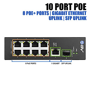 BV-Tech 8 Port PoE Switch with 1 Gigabit Uplink and Industrial DIN Rail - Power Over Ethernet Network Switch for IP Cameras, VoIP Phones, Wireless APs - IEEE802.3af/at, Wide Temperature Range