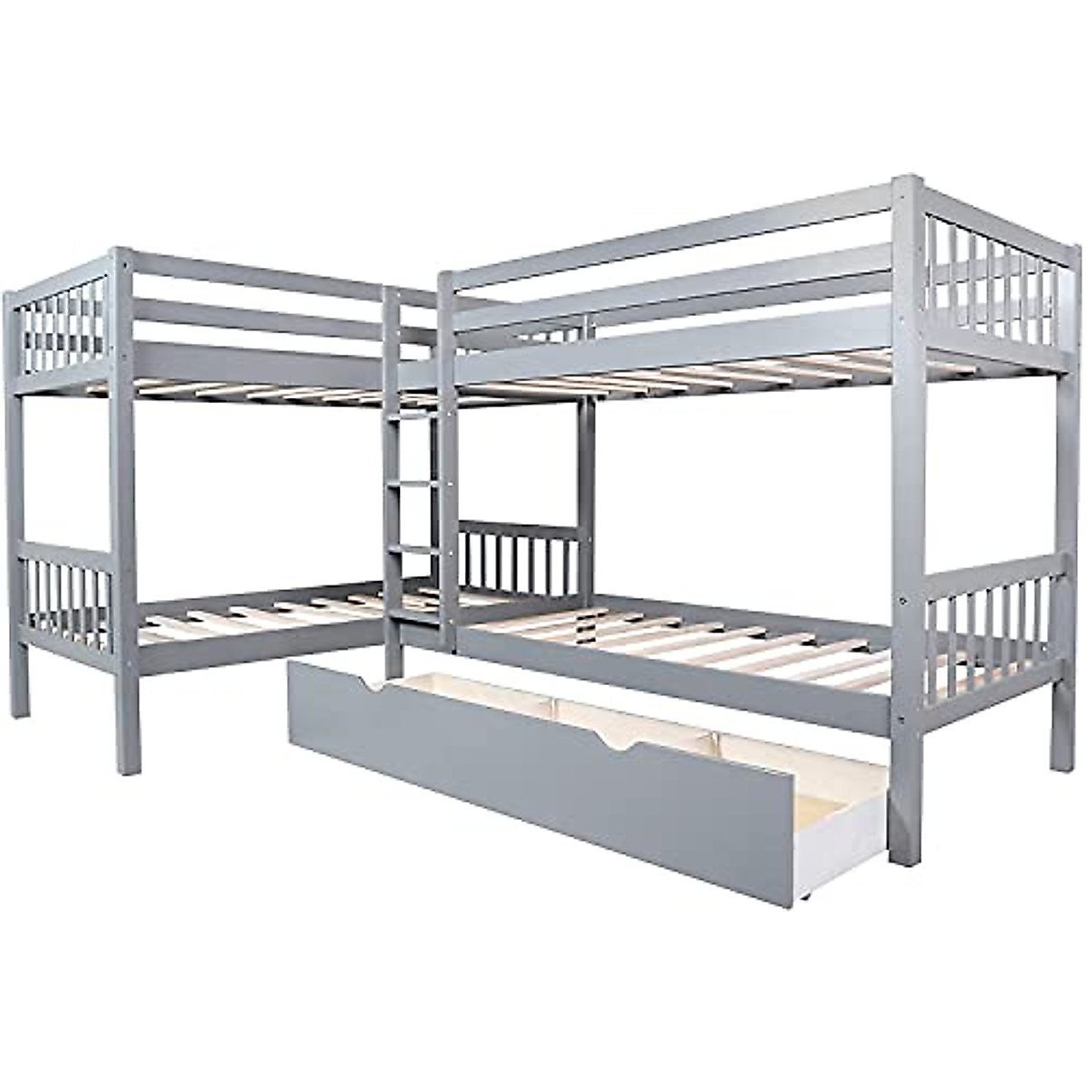ATH-S Wood Triple Bunk Bed Full Over Twin &Twin Bunk Beds for 3, Wooden Triple Beds Frame with Drawers and Guardrails for Teens, Adults, No Box Spring Needed (White/Grey) (Color : Gray)