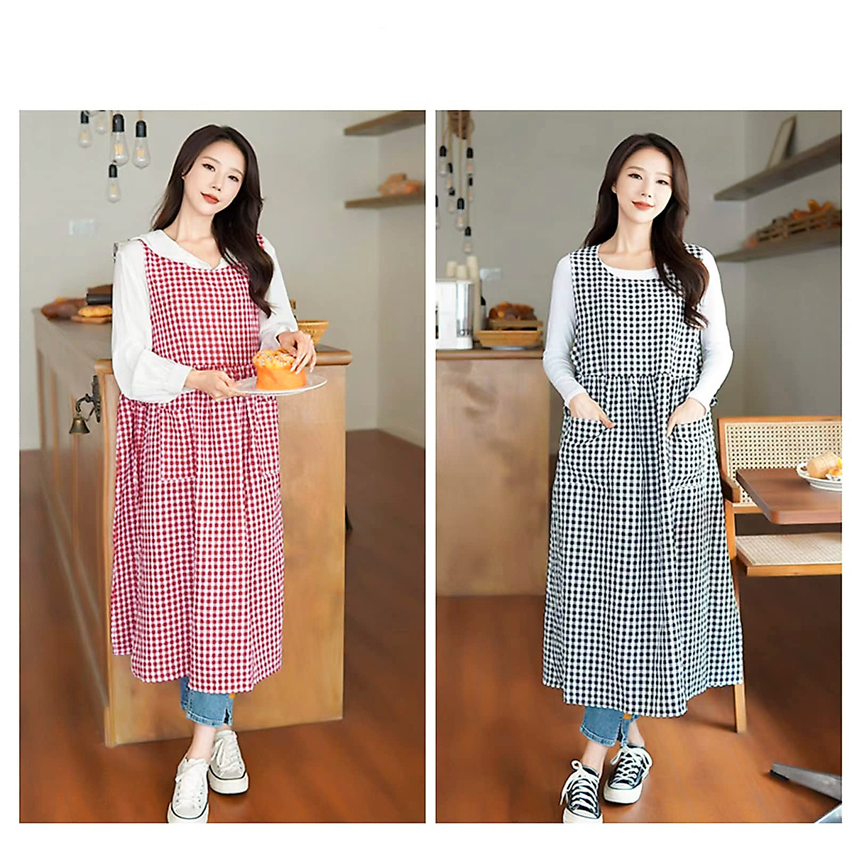 TALIBSA Plaid Apron Dress，Japanese Cotton Linen Cross Back Apron for Women with Pockets，Pinafore Dress with Waist Ties (Red Plaid)