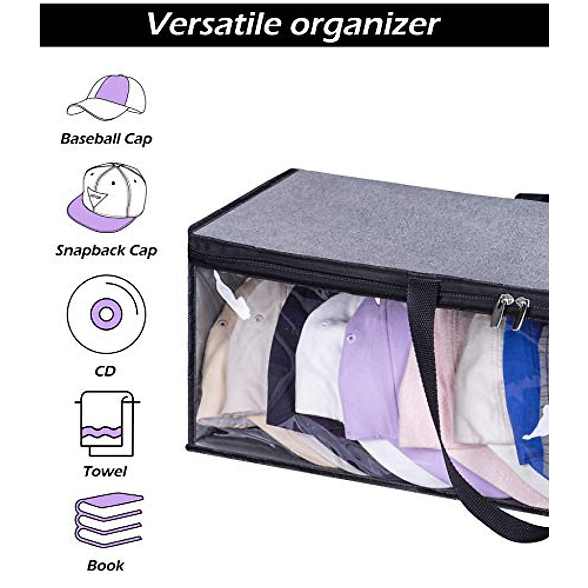 KIMBORA 2 PCS Wide Hat Storage for Baseball Caps Organizer with 2 Sturdy Handles Hat Racks Holder Grey Capbox Stackable for Home Travel