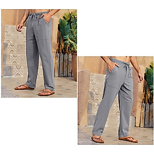 Gafeng Mens Linen Pants Yoga Beach Loose Fit Casual Summer Elastic Waist Drawstring Baggy Trousers with Pockets Gray