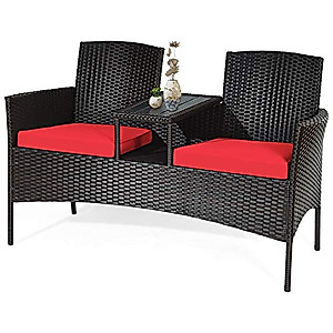 Tangkula Outdoor Rattan Loveseat, Patio Conversation Set with Cushions & Table, Modern Patio Furniture Set Wicker Sofa Set with Built-in Coffee Table, Rattan Sofas for Garden Lawn Backyard