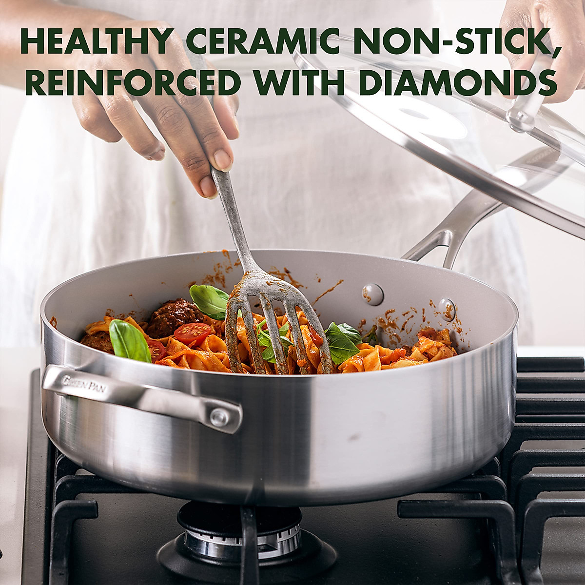GreenPan Venice Pro Tri-Ply Stainless Steel Healthy Ceramic Nonstick 5QT Saute Pan Jumbo Cooker with Helper Handle and Lid, PFAS-Free, Multi Clad, Induction, Dishwasher Safe, Oven Safe, Silver