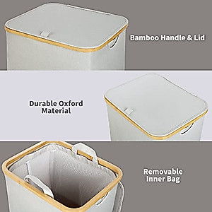 efluky Large Laundry Basket with Lid, 100L Tall Laundry Basket with Bamboo Handles for Clothes and Toys, Collapsible Laundry Hamper with Inner Bag for Bedroom and Bathroom, Light Grey
