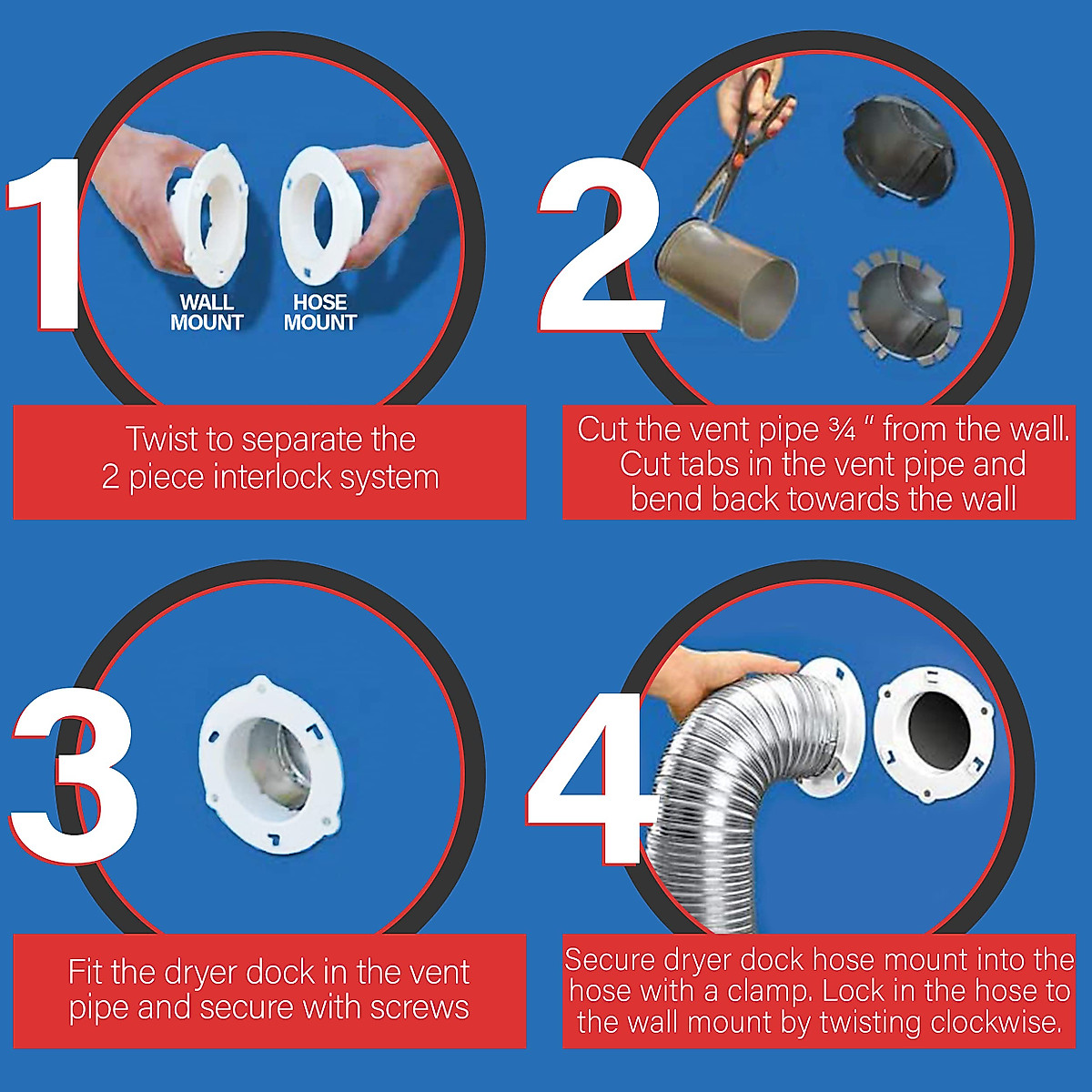 Dryer Dock The Original Dryer Vent Quick Release - Two-Piece Dryer Hose Quick-Connect, Twist & Lock Tight, Fits 4 Inch Tubes,White