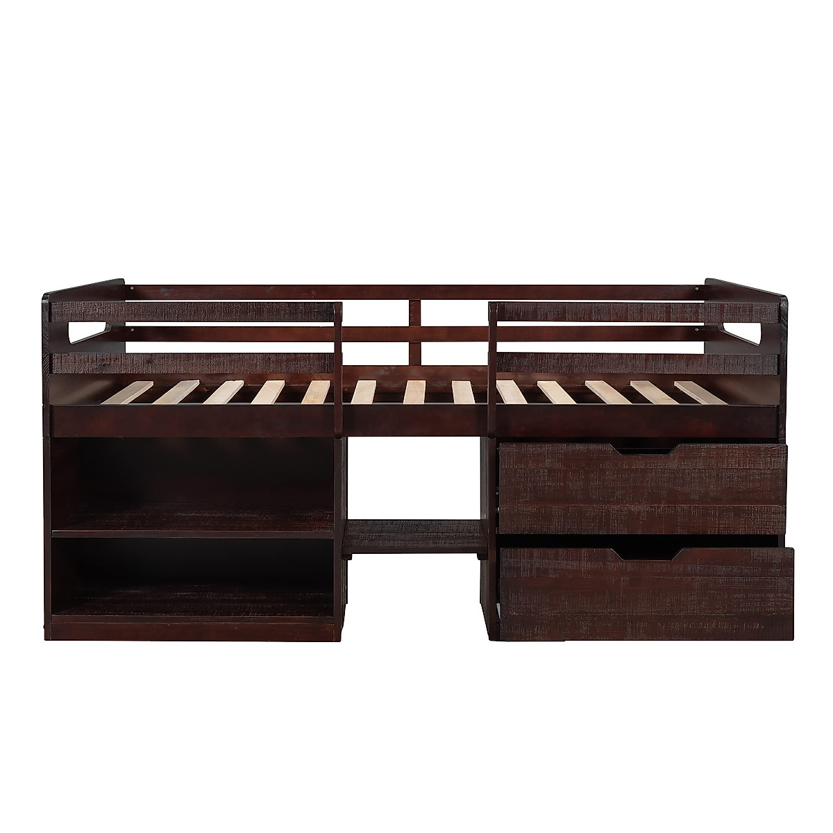 BIADNBZ Twin Size Low Loft Bed with Storage Drawers and Two Shelves, Solid Wood Kids LoftBed Frame for Boys Girls Bedroom, Antique Espresso