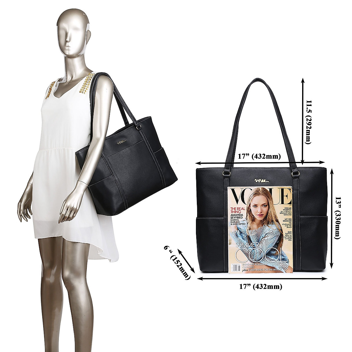 NNEE Classic Laptop Leather Tote Bag for 15 15.6 inch Notebook Computers Travel Carrying Bag with Smart Trolley Strap Design - Black