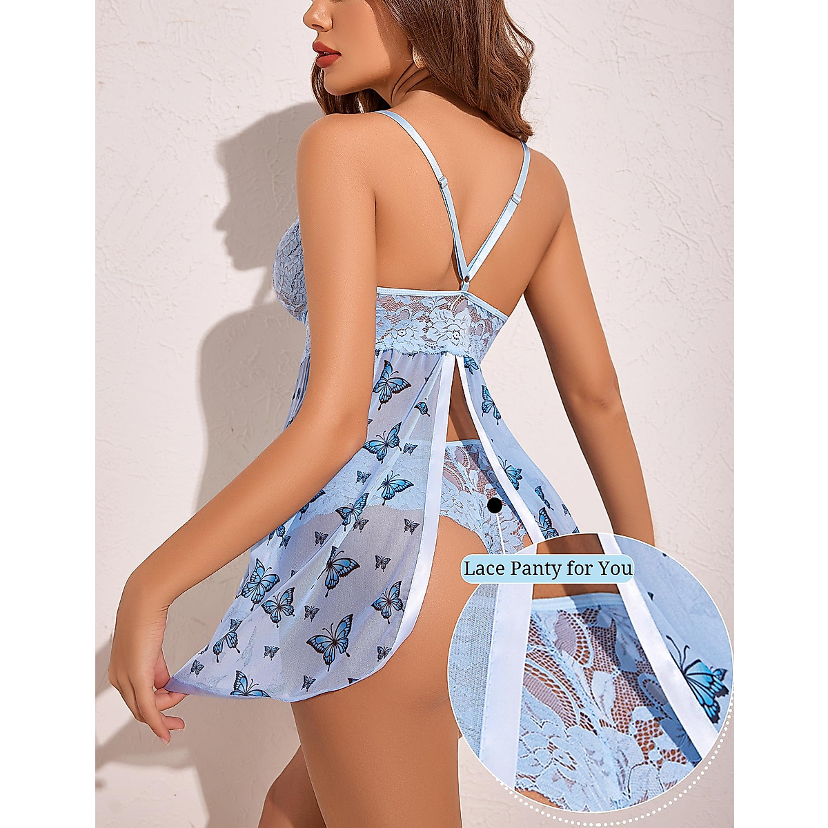 Avidlove Women Lingerie Lace Babydoll Strap Chemise Halter Teddy V Neck Mesh Nightgown Blue Butterfly M