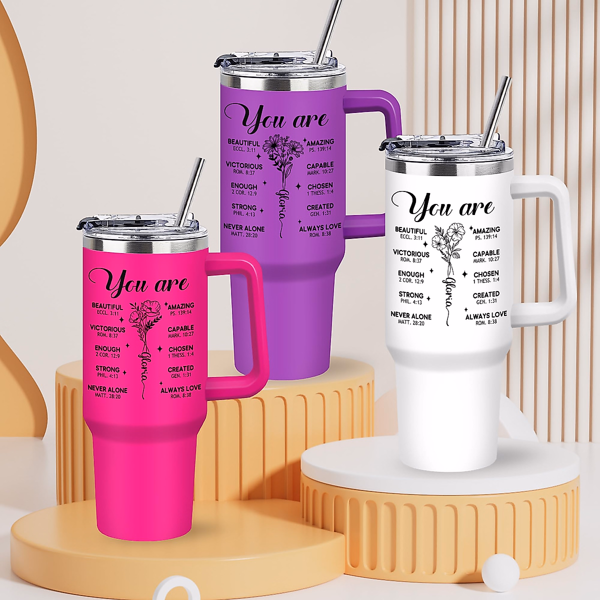 BMYDIY Personalized 40 Oz Christian Tumbler, Inspirational Spiritual Jesus Faith Religiou Gifts for Women, Custom Extra Large Stainless Steel Insulated Cup/Coffee Mug/Travel Mug with Name Birth Flower