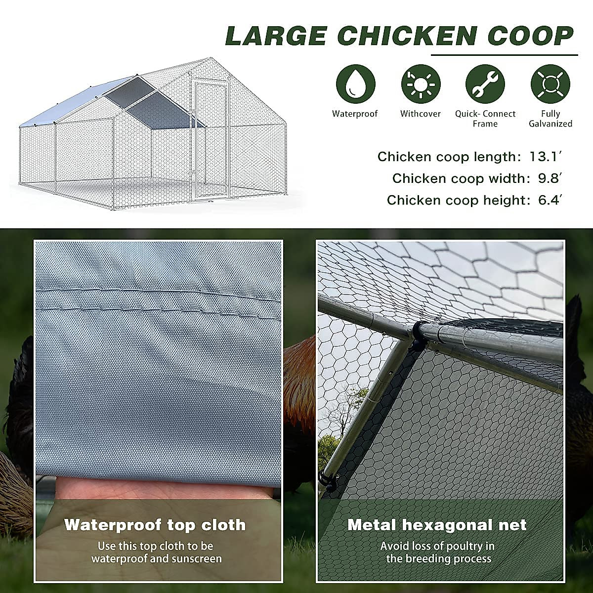Large Metal Chicken Coop Walk-in Poultry Cage Chicken Run Pen Dog Kennel Duck House with Waterproof and Anti-Ultraviolet Cover for Outdoor Farm Use(9.8' L x 13.1' W x 6.4' H)