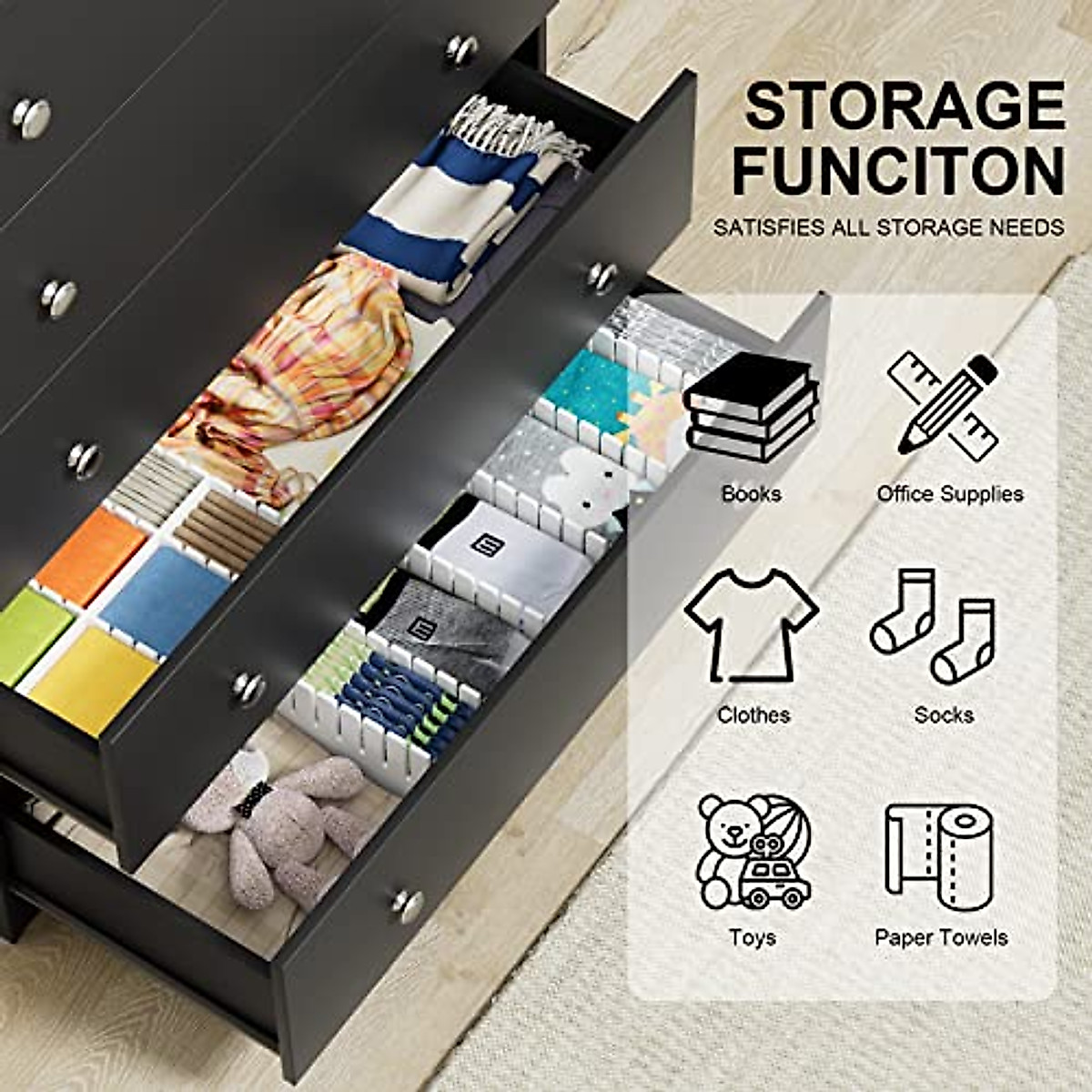 JUMMICO Drawer Wooden Dresser, 5 Drawer Dresser for Closet Bedroom, Modern Wooden Storage Drawer for Nursery Living Room and Hallway Dressers & Chests of Drawers (Black)