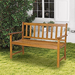 HAPPYGRILL Patio Wood Bench with Ergonomic Backrest & Armrests, 2-Person Outdoor Bench, All-Weather Acacia Wood Frame, Loveseat Outside Bench for Garden Balcony Poolside Porch Deck