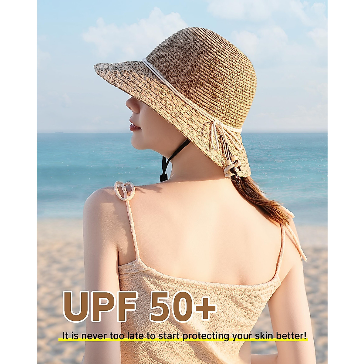 Beach Hats for Women, Beach Hat Womens UPF 50+, Straw Hat for Women Sun Hat Foldable Roll up Cap Khaki