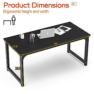 NSdirect 63" Large Computer Desk,Modern Simple Style PC Table Office Desk Wide Workstation for Study Writing,Gaming and Home Office,Extra 1" Thicker Wooden Tabletop and Black Metal Frame,Black