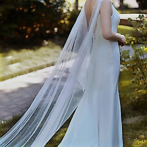 Ivory Long Wedding Shawl Cloak Pearl Veil Bead Bridal Capes For Bride (IVORY)