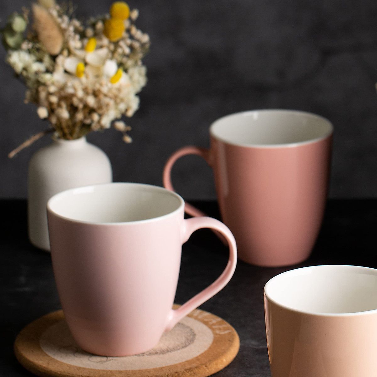 MIWARE 18 Ounce Porcelain Mugs, Set of 4, Coffee, Tea and Cocoa Mug Set, Different Shades of Pink