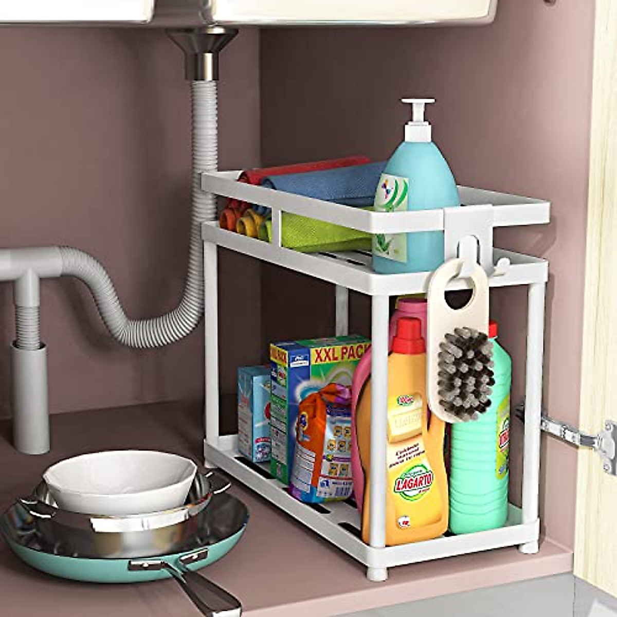 FLE Under Sink Organizer, 2 Tier Metal Under Bathroom Sink Storage Baskets with Hooks, Self Adhesive White Under Sink Shelf Organizer for Bathroom Kitchen