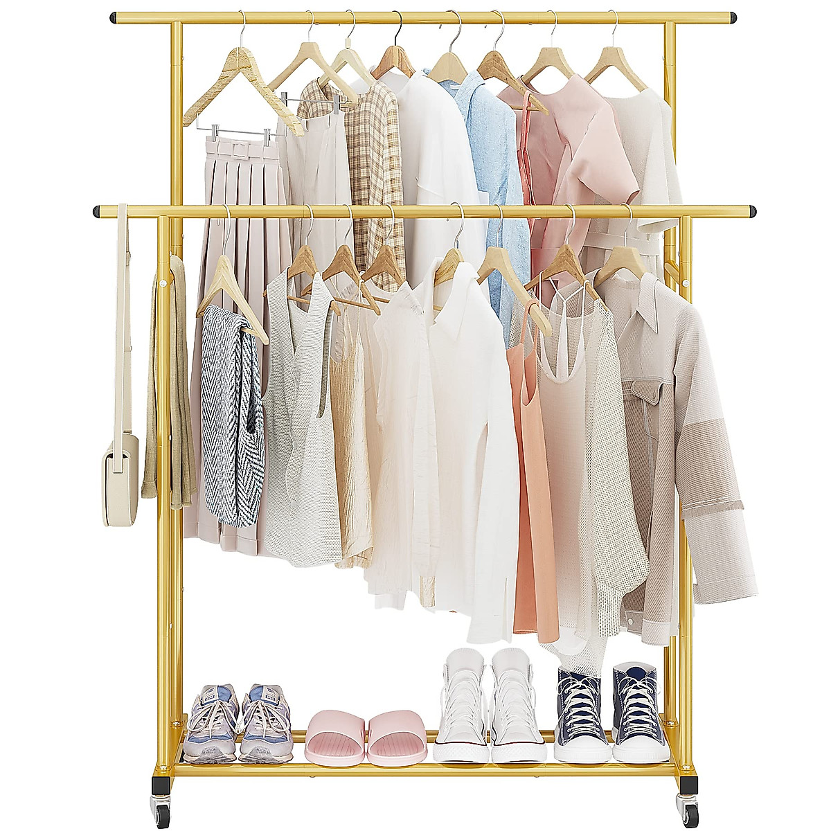 Calmootey Double Rod Clothing Garment Rack,Rolling Hanging Clothes Rack,Portable Clothes Organizer for Bedroom,Living Room,Clothing Store,Gold