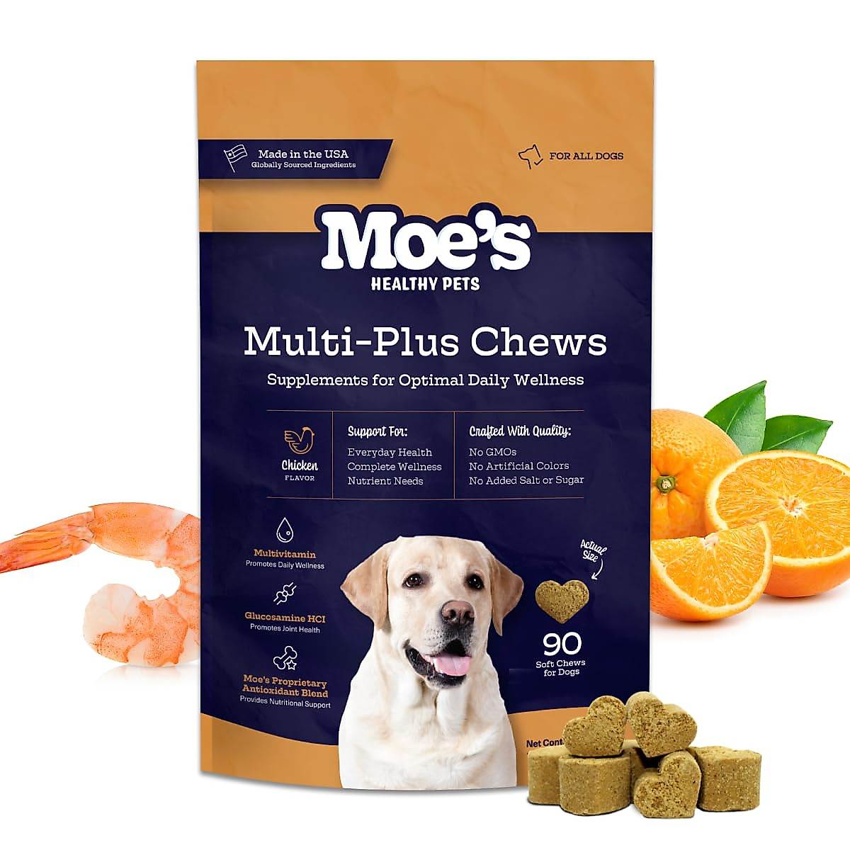 Moe’s 5-in-1 Essential Dog Multivitamin -Supports Dog's Heart, Immunity, Skin, Coat, & Overall Health- Vitamins A, B12, C, D, E, Antioxidants, Omega 3- for All Ages & Breeds- 90 Chicken Flavored Chews