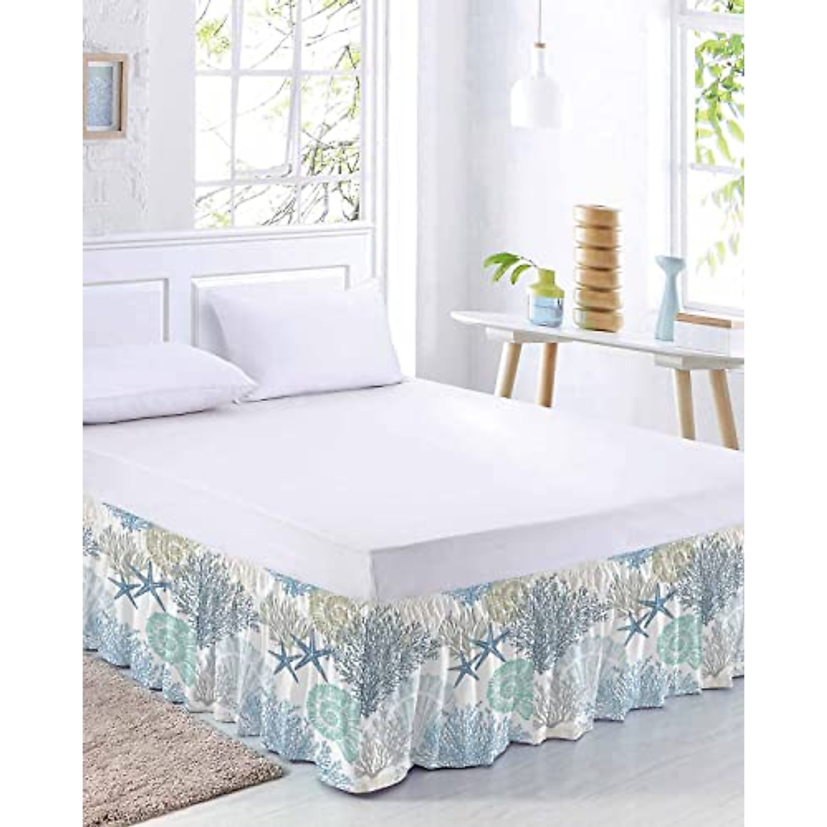 Coral Shell Starfish Bed Skirt Queen Size 18 Inch Drop, Adjustable & Elastic Wrap Around Bed Skirts Pleated Luxury Dust Ruffles for Twin Full Queen Cal King Base Bed, Summer Beach Ocean Sea Blue