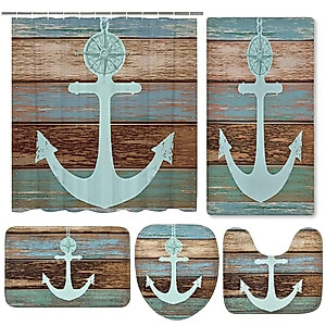 ASPMIZ 5 Pcs Anchor Shower Curtain Sets with Rugs and Towels, Include Non-Slip Rug, Toilet Lid Cover and Bath Mat, Nautical Anchor Rustic Wood Waterproof Shower Curtain with 12 Hooks for Bathroom