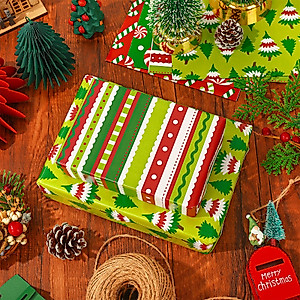 AnyDesign 12 Sheet Christmas Wrapping Paper Red Green Xmas Tree Candy Stripes Gift Wrap Paper Bulk Folded Flat DIY Craft Paper for Birthday Wedding Party Gift Decor, 19.7 x 27.6 In